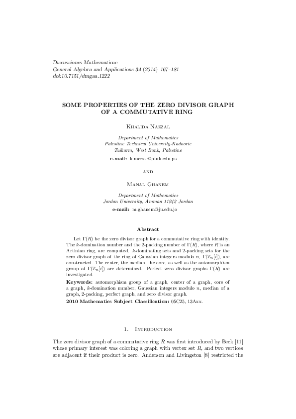 (PDF) Some properties of the zero-divisor graph