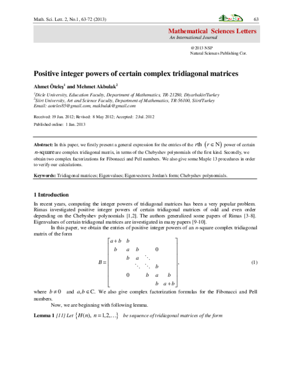 (PDF) Positive integer powers of certain complex tridiagonal matrices