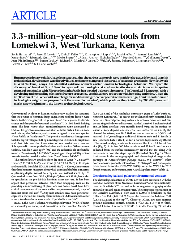 (PDF) 3.3-million-year-old stone tools from Lomekwi 3, West Turkana, Kenya