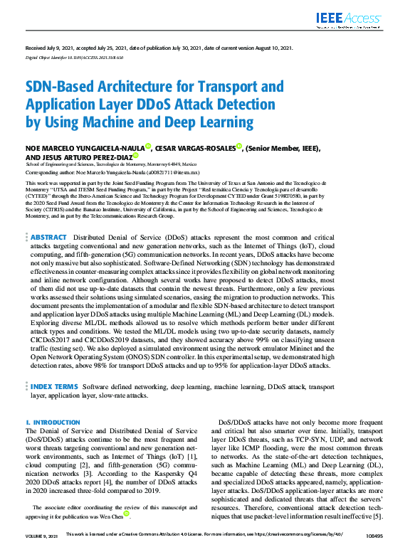 (PDF) SDN-Based Architecture for Transport and Application Layer DDoS Attack Detection by Using ...