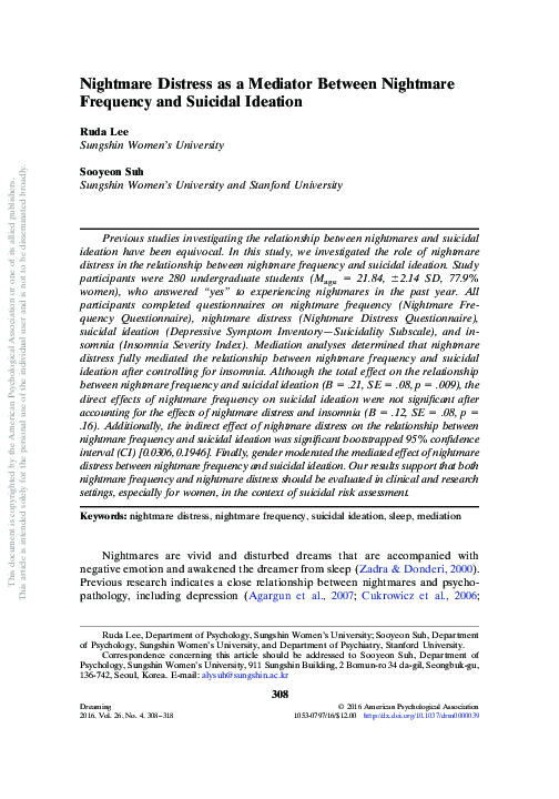 (PDF) Nightmare distress as a mediator between nightmare frequency and ...