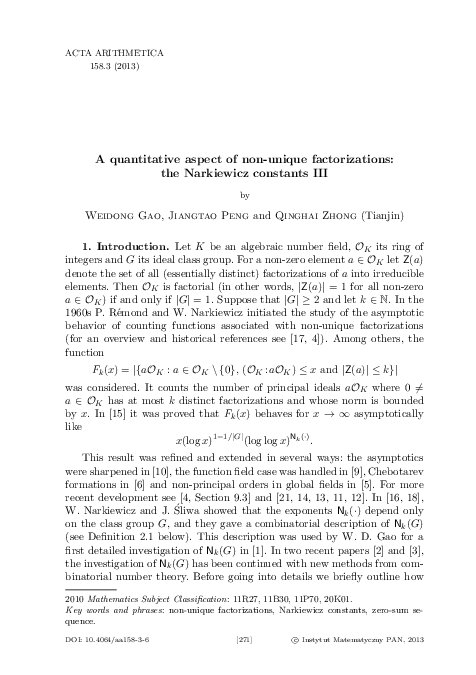 (PDF) A quantitative aspect of non-unique factorizations: the Narkiewicz constants III