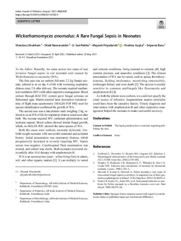(PDF) Wickerhamomyces anomalus: A Rare Fungal Sepsis in Neonates
