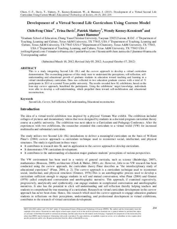 (PDF) Curriculum Using Currere Model. Educational Technology & Society ...