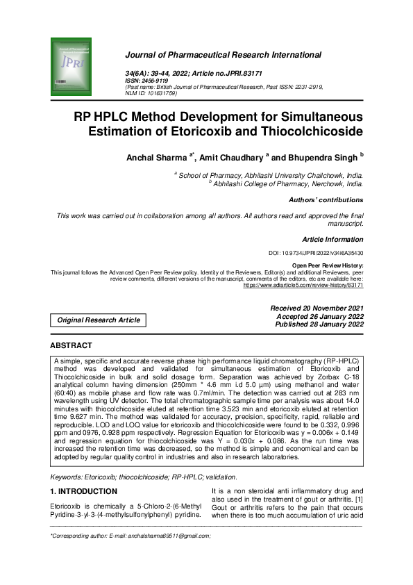 (PDF) RP HPLC Method Development for Simultaneous Estimation of Etoricoxib and Thiocolchicoside