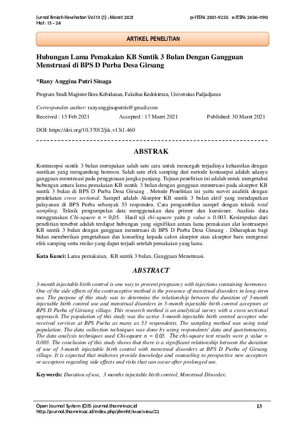 (PDF) Hubungan Lama Pemakaian KB Suntik 3 Bulan Dengan Gangguan Menstruasi di BPS D Purba Desa ...