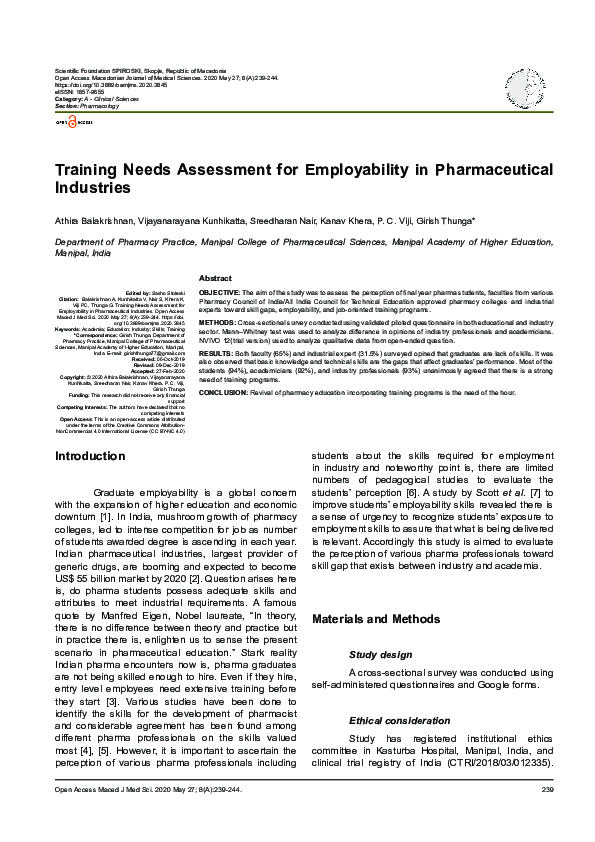 (PDF) Training Needs Assessment for Employability in Pharmaceutical ...