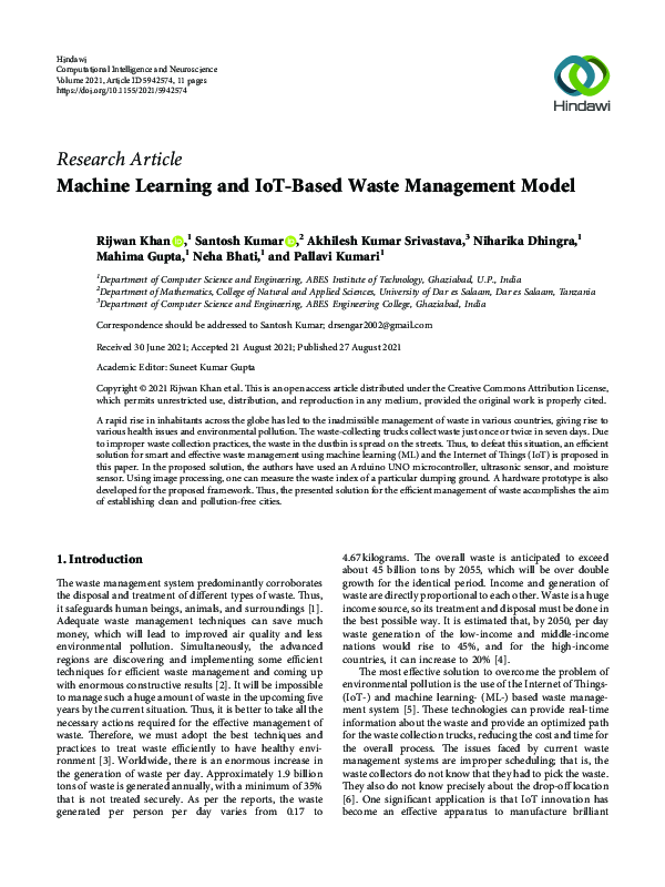 (PDF) Machine Learning and IoT-Based Waste Management Model
