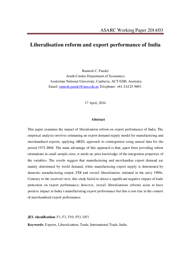 (PDF) Liberalisation reform and export performance of India