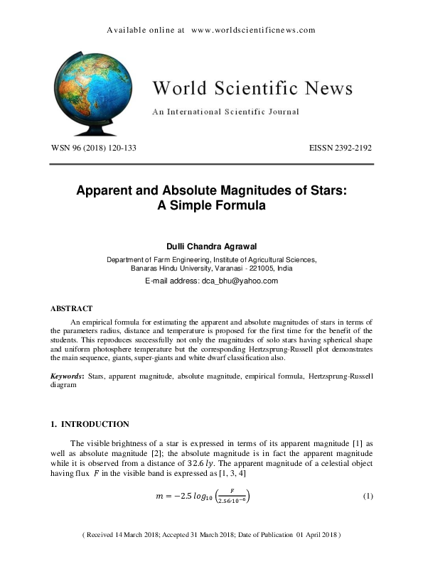 (PDF) Apparent and Absolute Magnitudes of Stars: A Simple Formula