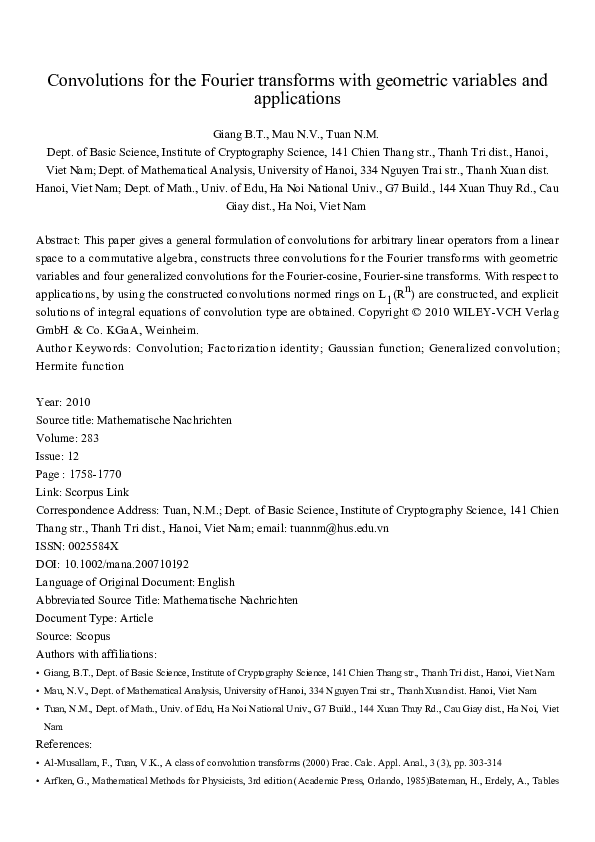 (PDF) Convolutions for the Fourier transforms with geometric variables and applications