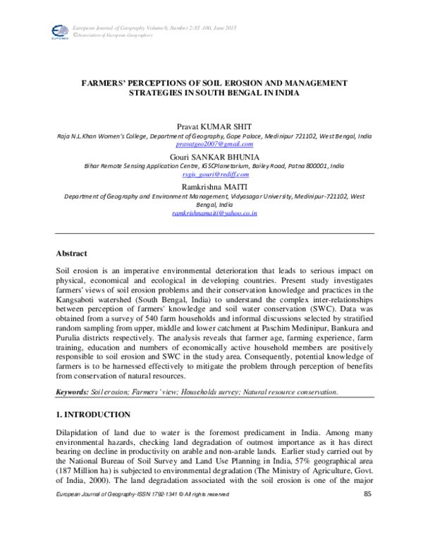 (PDF) Farmers' Perceptions of Soil Erosion and Management Strategies in South Bengal in India