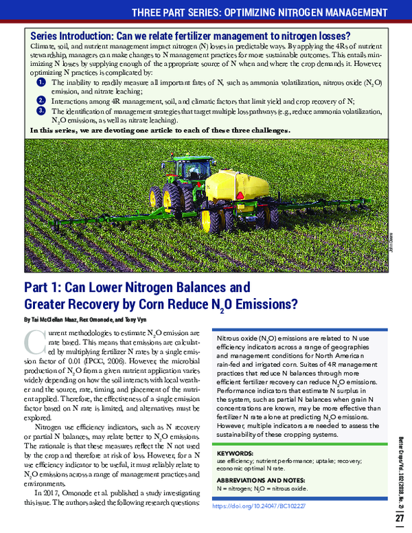 (PDF) Part 1: Can Lower Nitrogen Balances and Greater Recovery by Corn ...