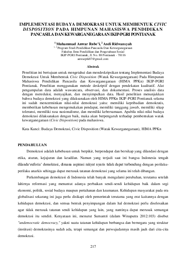(PDF) Implementasi Budaya Demokrasi Untuk Membentuk Civic Disposition ...