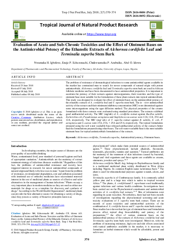 (PDF) Evaluation of Acute and Sub-Chronic Toxicities and the Effect of ...