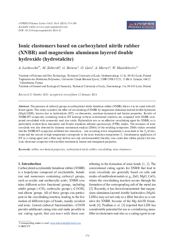 (PDF) Ionic elastomers based on carboxylated nitrile rubber (XNBR) and ...