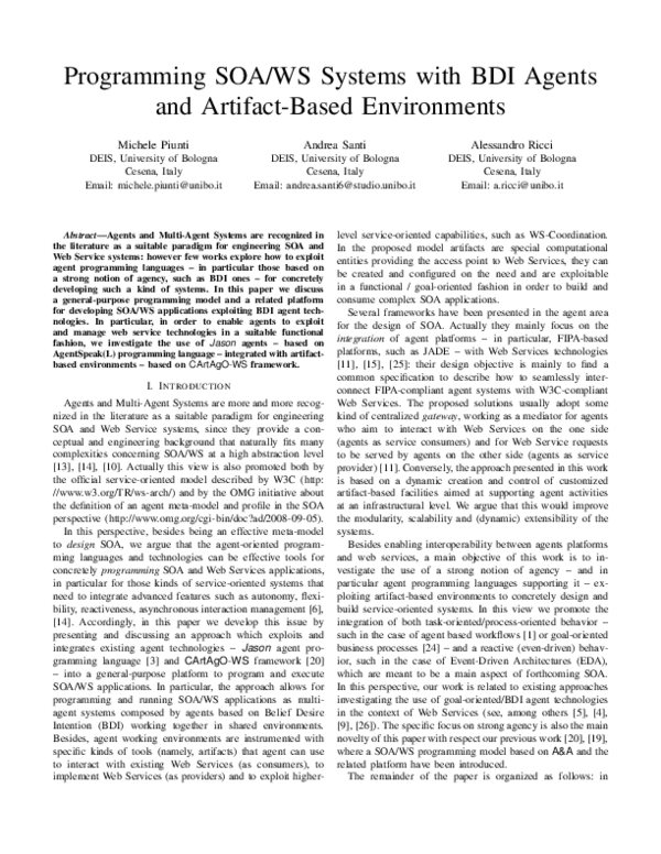 (PDF) Programming SOA/WS systems with BDI agents and artifact-based environments