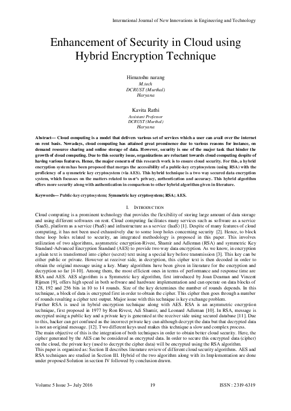 (PDF) Enhancement of Security in Cloud using Hybrid Encryption Technique