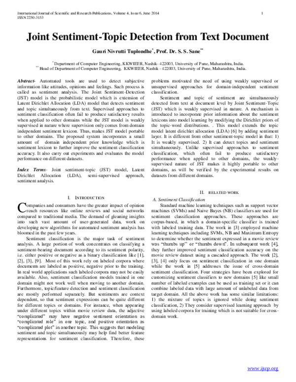 Pdf Joint Sentiment Topic Detection From Text Document