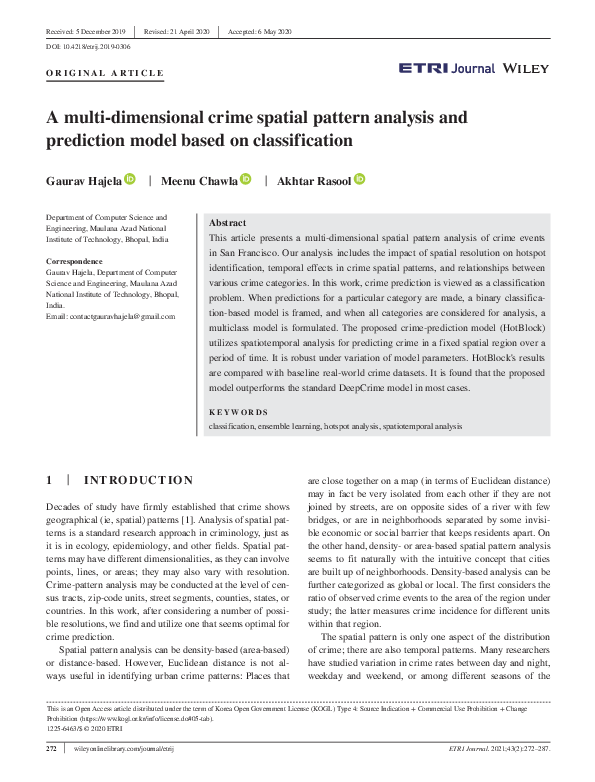 Pdf A Multi‐dimensional Crime Spatial Pattern Analysis And Prediction