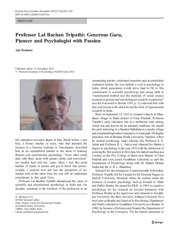 (PDF) Professor Lal Bachan Tripathi: Generous Guru, Pioneer and ...