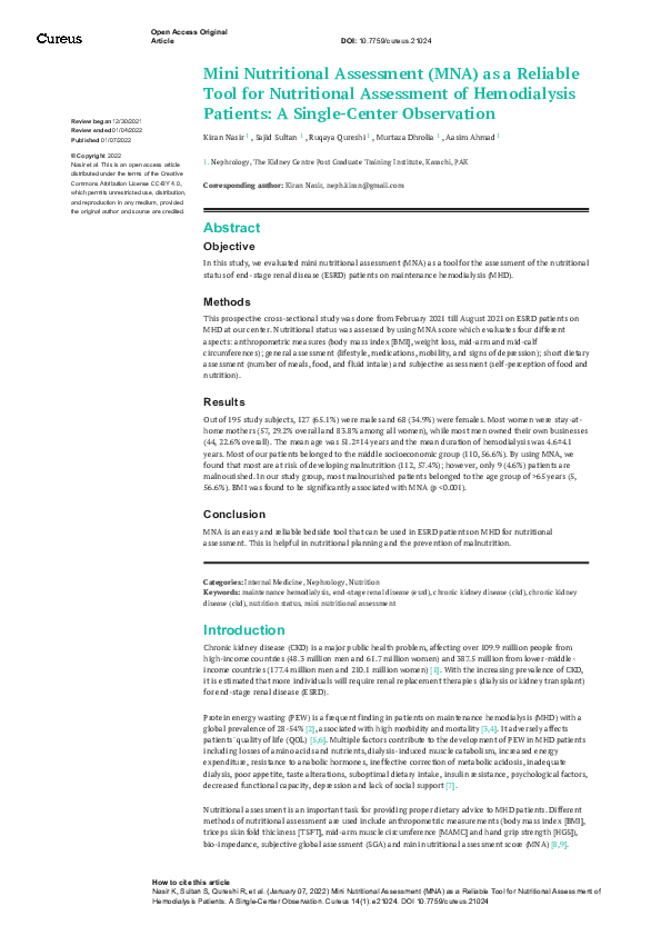 (PDF) Mini Nutritional Assessment (MNA) as a Reliable Tool for ...