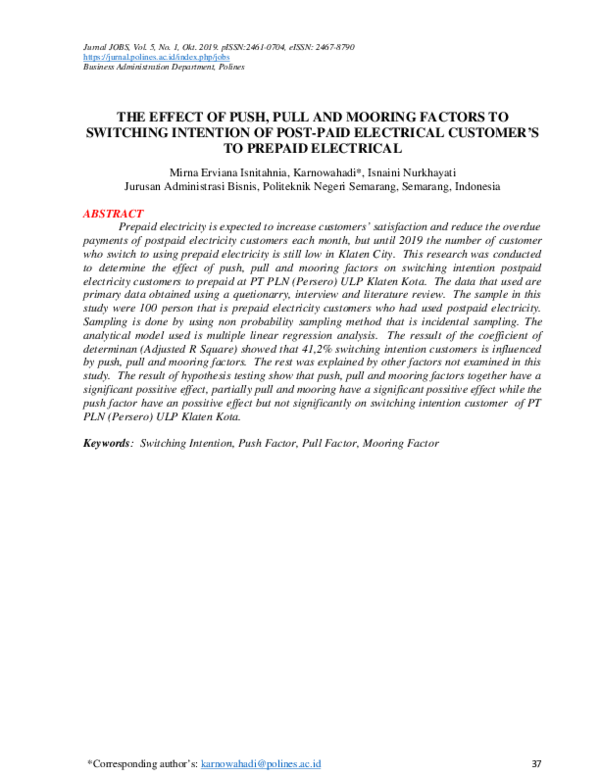 Pdf The Effect Of Push Pull And Mooring Factors To Switching Intention Of Post Paid