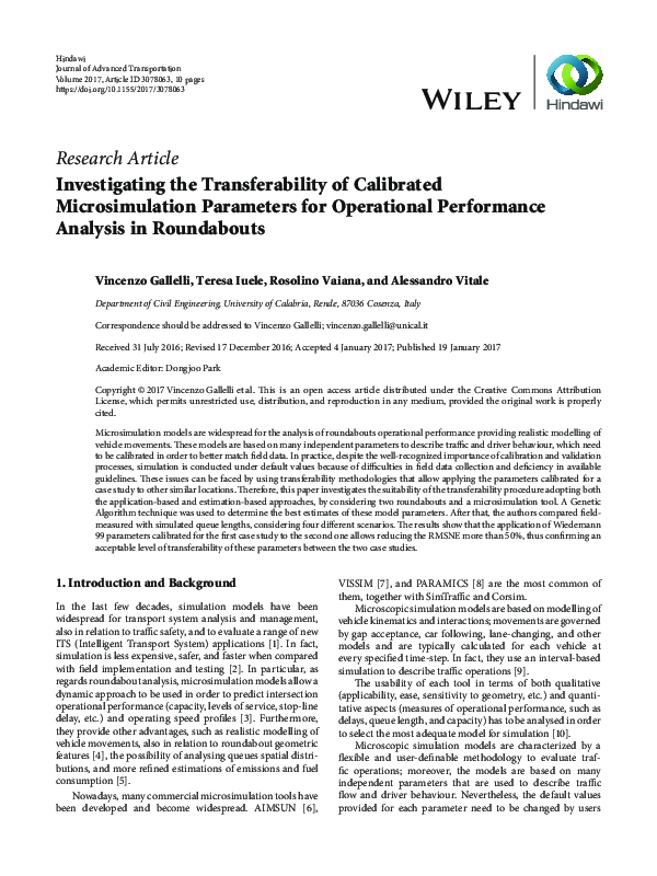 (PDF) Investigating the Transferability of Calibrated Microsimulation Parameters for Operational ...