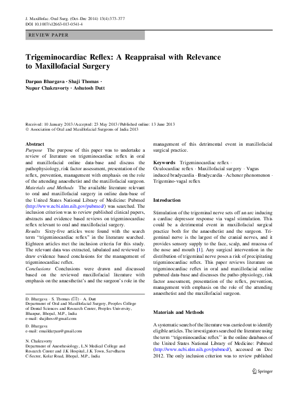 (PDF) Trigeminocardiac Reflex: A Reappraisal with Relevance to ...
