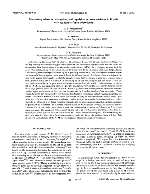 Pdf Measuring Adhesion Attraction And Repulsion Between Surfaces In Liquids With An Atomic
