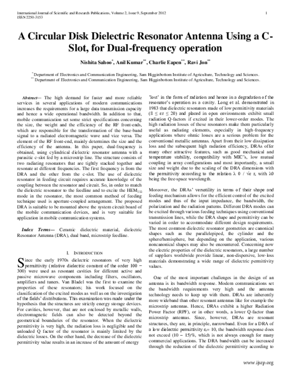 (PDF) A Circular Disk Dielectric Resonator Antenna Using a C-Slot , for ...