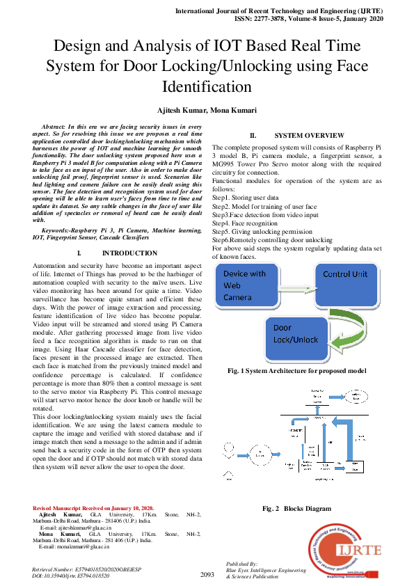 Pdf Design And Analysis Of Iot Based Real Time System For Door Lockingunlocking Using Face