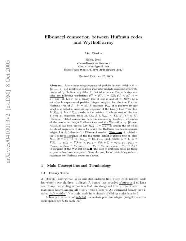 (PDF) Fibonacci connection between Huffman codes and Wythoff array (PDF) Fibonacci connection between Huffman codes and Wythoff array
