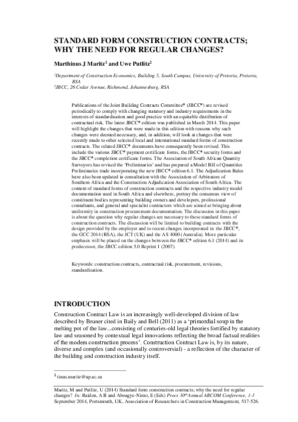 (PDF) Standard Form Construction Contracts; Why the Need for Regular ...