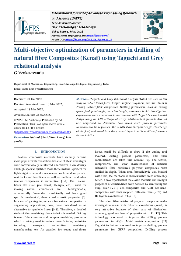 Pdf Multi Objective Optimization Of Parameters In Drilling Of Natural Fibre Composites Kenaf