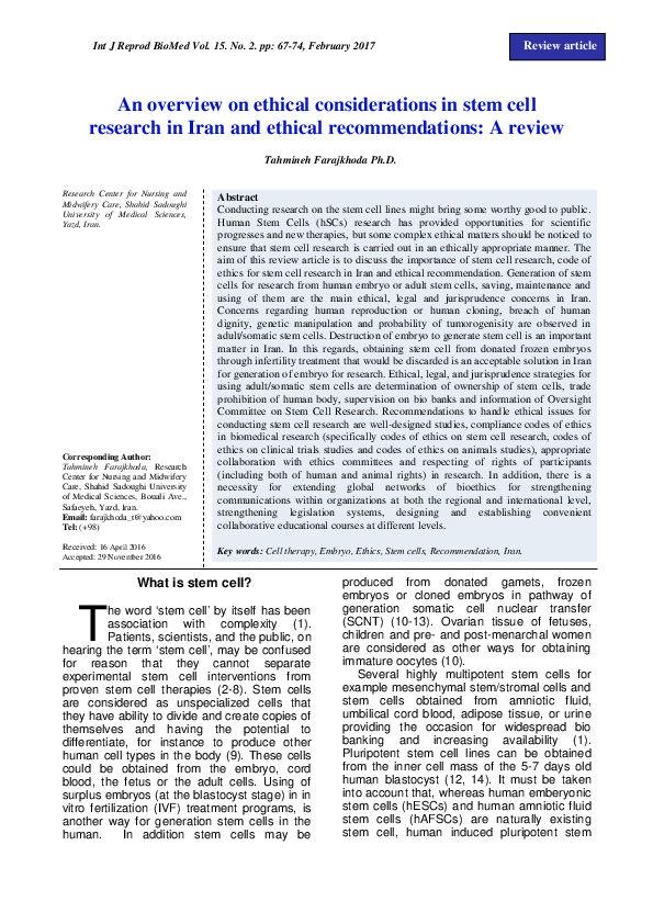 (PDF) An overview on ethical considerations in stem cell research in ...