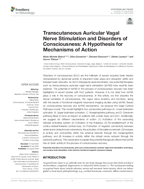 (PDF) Transcutaneous Auricular Vagal Nerve Stimulation and Disorders of Consciousness: A ...