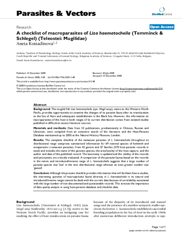 (PDF) A checklist of macroparasites of Liza haematocheila (Temminck ...