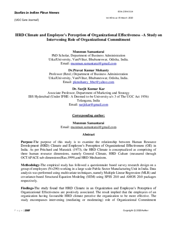 (PDF) HRD Climate and Employee's Perception of Organizational ...