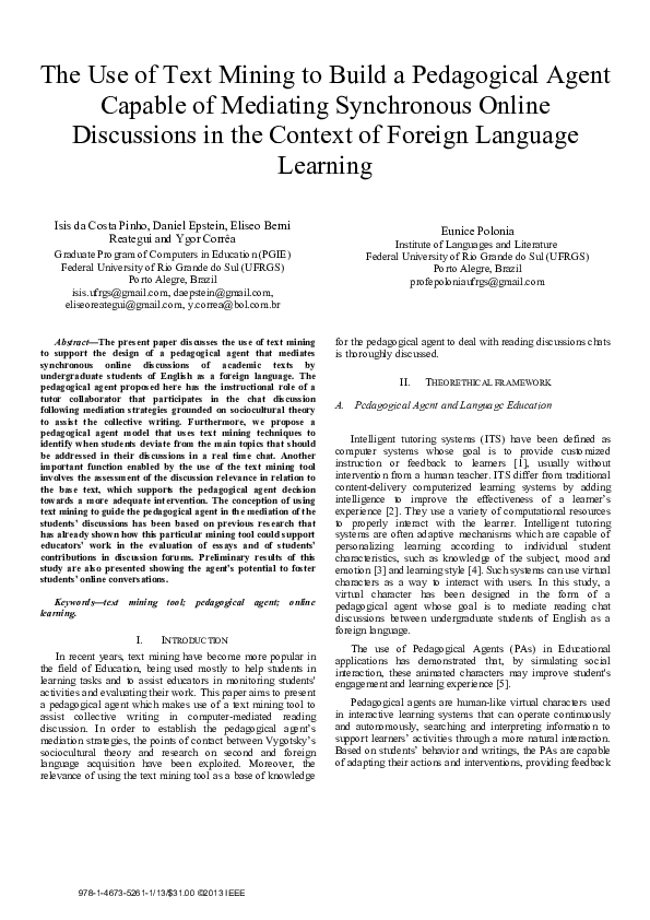 (PDF) The use of text mining to build a pedagogical agent capable of mediating synchronous ...