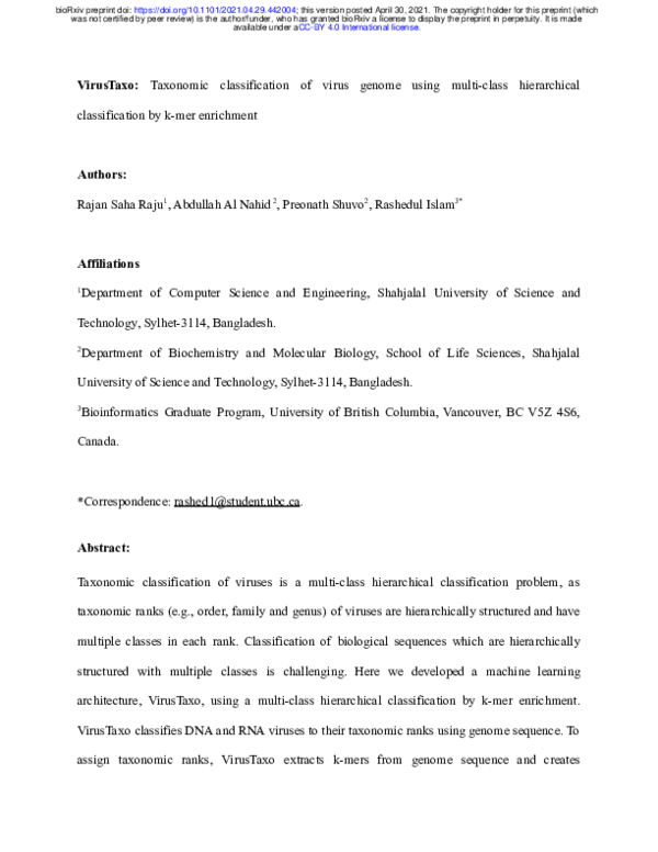 (PDF) VirusTaxo: Taxonomic classification of virus genome using multi-class hierarchical ...