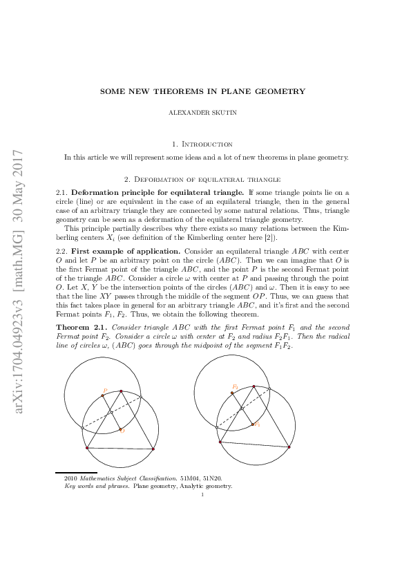 (PDF) Some new theorems in plane geometry