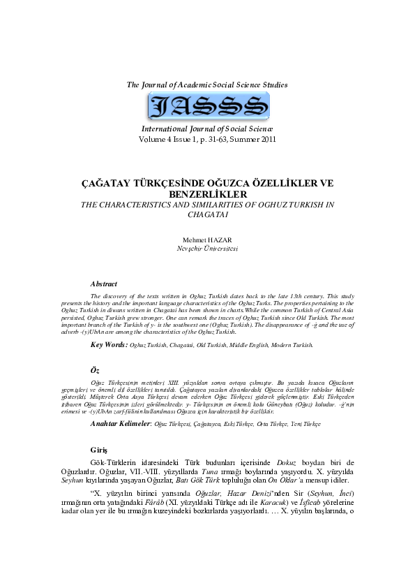 (PDF) The Characteristics and Similarities of Oghuz Turkish in Chagatai