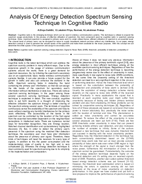 (PDF) Analysis Of Energy Detection Spectrum Sensing Technique In Cognitive Radio