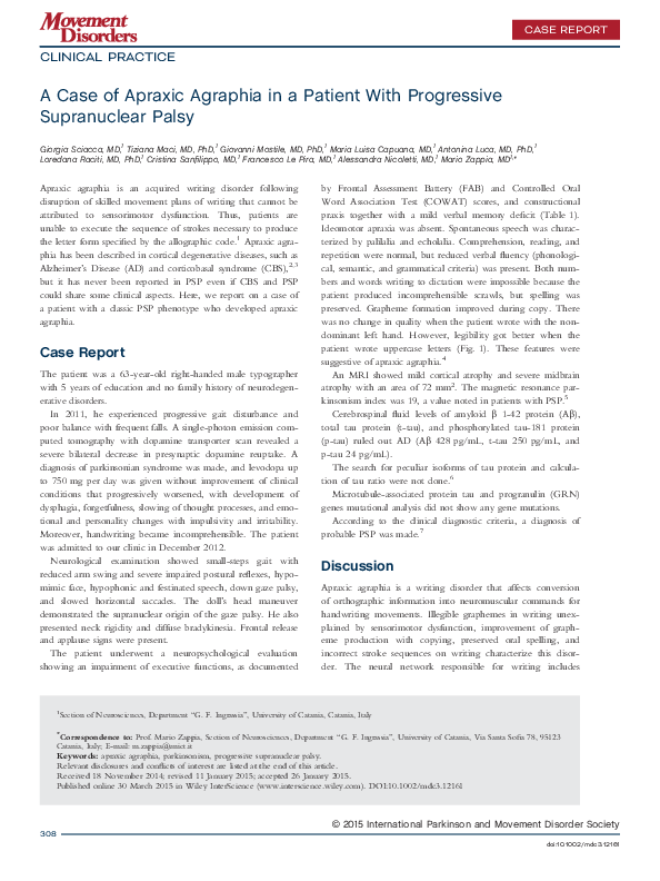 (PDF) A Case of Apraxic Agraphia in a Patient With Progressive Supranuclear Palsy | Loredana ...
