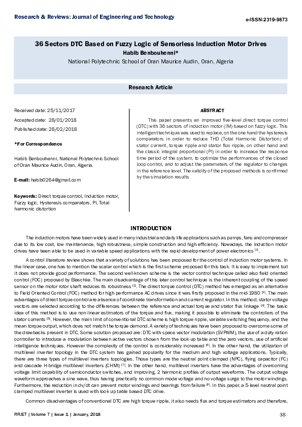 Pdf 36 Sectors Dtc Based On Fuzzy Logic Of Sensorless Induction Motor