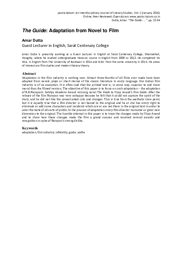 (PDF) The Guide: Adaptation From Novel To Film