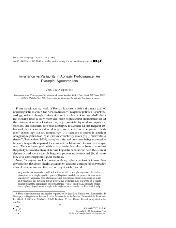 (PDF) Invariance vs Variability in Aphasic Performance. An Example ...