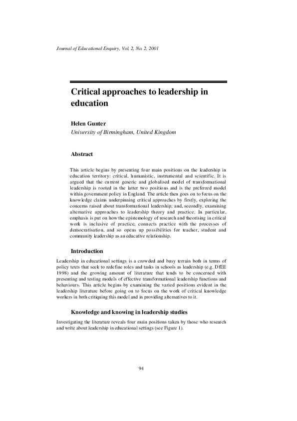 (PDF) Critical approaches to leadership in education