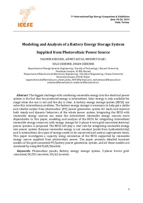 (PDF) Modeling and Analysis of a Battery Energy Storage System Supplied ...